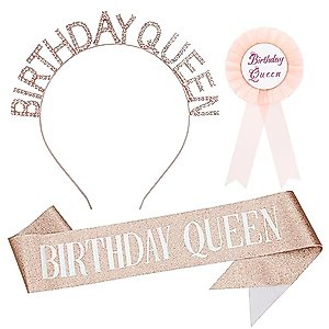 Rose-Gold Birthday Celebration Set with Queen Sash, Hair Bands, Rhinestone Headband, and Corsage for Women