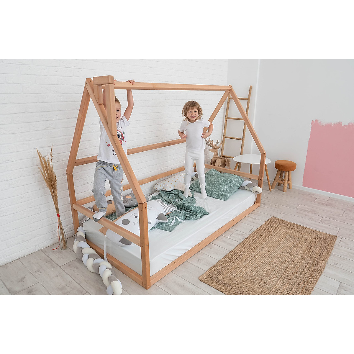 BUSYWOOD Kids Montessori Design Play Room- Toddler Floor Bed House Frame - Montessori Bed Twin - House Frame Toddler Bed (Model 1, Floor Bed)