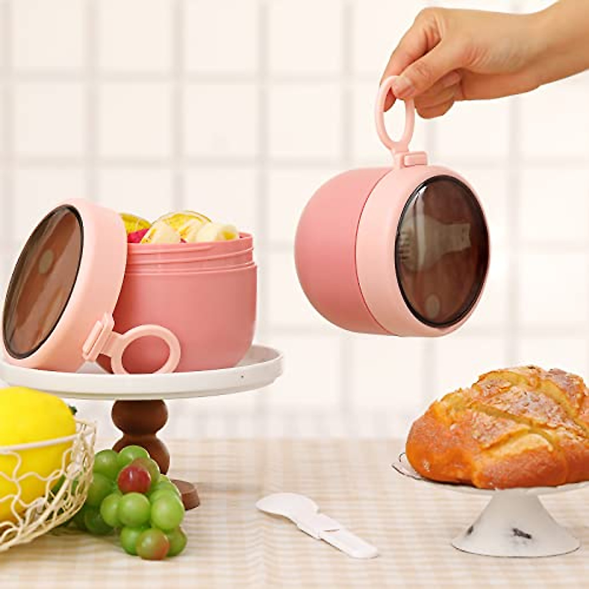 Sunnyray Overnight Oats Container with Lids and Spoons 21 oz Plastic Portable Leak Proof Large Capacity Dessert Cups Cereal Yogurt Container for School student Breakfast (Pink)