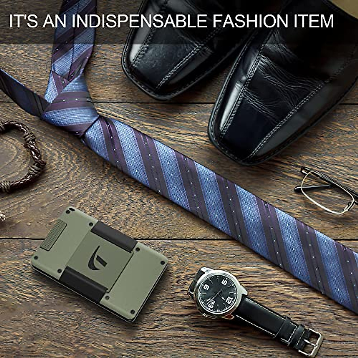 umoven Minimalist Wallet For Men - Aluminum Slim Stretchable Belt Draw-Out Metal Wallet with 1 Clear window ID Badge Holder, Holds up 15 Cards with Cash Strap. (Green)