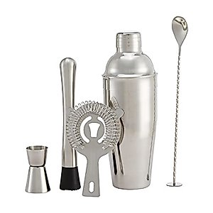 Amazon Basics 5-Piece Stainless Steel Bar Tools Set with 24oz Shaker, Jigger, Strainer, Muddler
