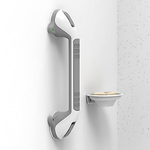 AquaChase Suction Shower Grab Bar with Indicators, Tool-Free Installation, Steady Handle for Balance Assist for Bathtub, Toilet, Bathroom (White/Grey, Pack of 2, 17in)