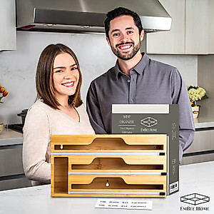 EmBee Home 4-in-1 Bamboo Wrap Organizer Dispenser with Storage for Kitchen Drawer - Compatible with Aluminum Foil, Plastic, and Paper Rolls "12 and "15 Rolls - Slider and Labels Included