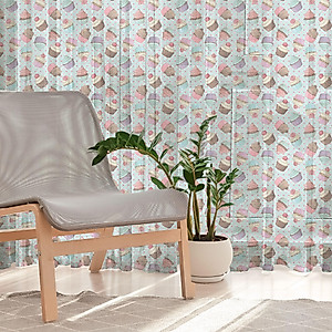 Ambesonne Dessert Tulle Curtains with Rod Pocket, Repeating Pattern of Yummy Cupcakes with Rose and Cherry Toppers on Hearts Backdrop, Sheer Drape for Wedding Party 2 Panels, 108" x 72", Multicolor