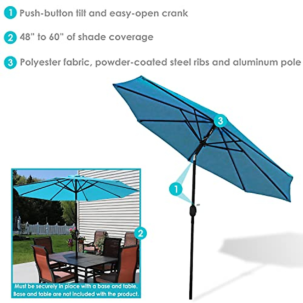 Sunnydaze 9-Foot Patio Umbrella - Push-Button Tilt and Crank Handle - Aluminum Pole and Polyester Shade Canopy - Turquoise