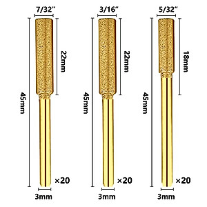 60 Pcs Titanium Plated Grinding Tool Diamond Chainsaw Sharpener Stones Bits High Hardness Chainsaw Sharpening Wheel For Machinery, Bearings, Metal Polishing, Chainsaws (5/32, 3/16, 7/32 Inches)
