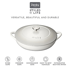 Denby - Natural Canvas White Cast Iron Casserole Dish Shallow - Dutch Oven, Oven Safe Pot, Enamelled - 3.8L Capacity, 11.8in - Serves 4-6 People