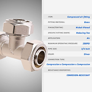 ANCIMOON 2PCS 3/4’’ Tee Air Piping Fittings, 3/4’’ Tubing x 3/4’’ Tubing x 3/4’’ Tubing, Brass-Nickel Plated, 200PSI Working Pressure, Air Line Fittings for Shop Garage Compressed Air Tube System