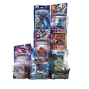 Skylanders Superchargers characters figures with bonus micro comic bundle. Birthday Bash Big Bubble Pop Fizz, Lava Lance Eruptor, Sky Slicer, Splat, Big Bubble Pop Fizz and Elite Zook.