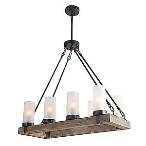 LNC Farmhouse Wood Chandelier Rustic Rectangular Light Fixture with Frosted Glass Shade for Kitchen Island, Dining & Living Room and Bedroom,Large,Black