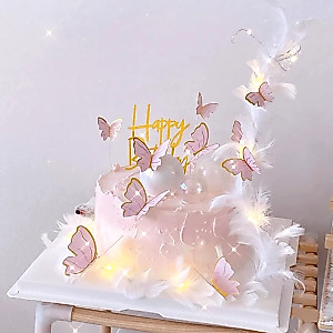 Pink Butterfly Cake Toppers, 11pcs Cupcake Toppers Happy Birthday Metal Gold Topper for Girls Women's Party Decorations