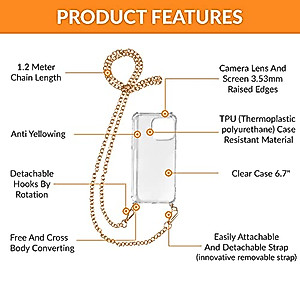 Horizon Clear iPhone 14 pro max case with Luxury Gold Strap for Women and Men - 100% Body Rugged Protector and Shockproof Bumper case 6.7 Inch with an Innovative Removable Chain