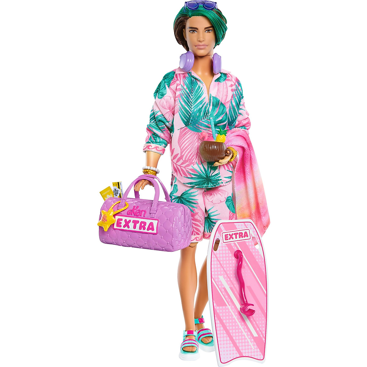 Barbie Extra Fly Ken Doll with Beach-Themed Travel Clothes & Accessories, Tropical Outfit with Boogie Board & Duffel Bag