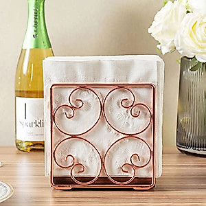 MyGift Copper Tone Metal Wire Napkin Holder with Rustic Burnt Wood Base - Upright Serviette Dispenser Rack with Vintage Style Scrollwork Design
