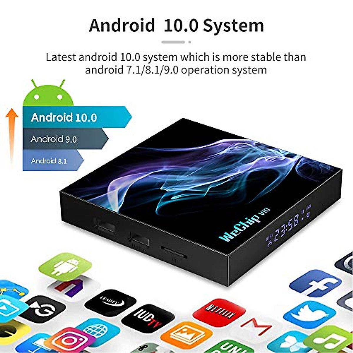 Android 10.0 TV Box,Android TV Box 4GB RAM 32GB ROM with Quad-Core 64bit,Supports 2.4G/5GHz Dual WiFi/BT5.0/ 6K/4K Ultra HD/3D/ H.265 Smart Android TV Box with Backlic Keyboard