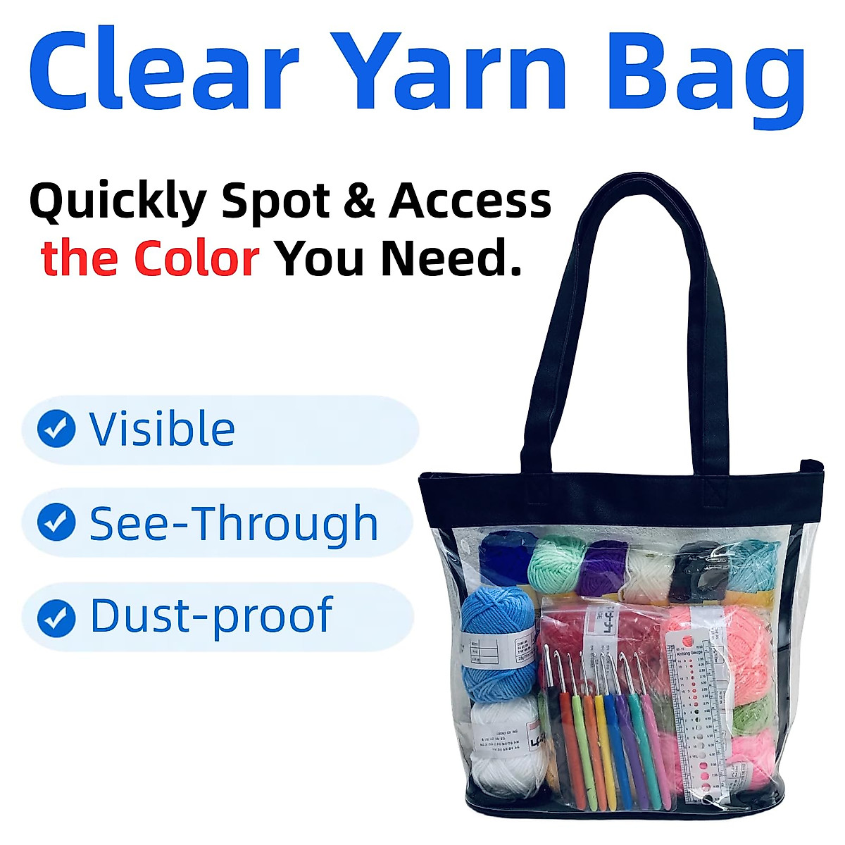Large Clear Tote Bag Stadium Approved Plastic Yarn Holder for Crocheting Supplies Knitting Crochet Project Bag Craft Storage Transparent See Through Purse for Stadium Events 12 x6 x12, Black