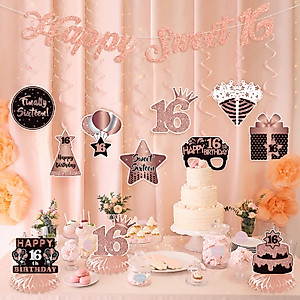 HTDZZI Sweet 16 Birthday Letter Banner Hanging Swirls Honeycomb Centerpieces Decorations Kit, Happy 16th Birthday Decorations for Girls, Rose Gold Sweet Sixteen Birthday Party Backdrop Decor Supplies