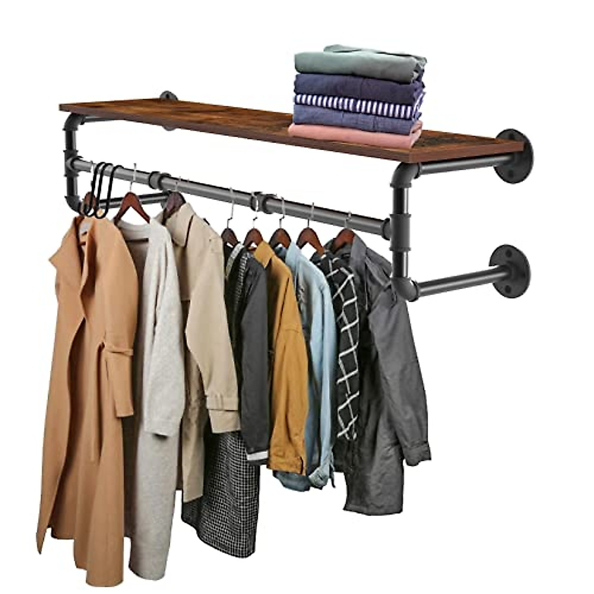 MOUTIK Top Shelf Clothes Hanging Rack: Industrial Pipe Wall Mounted Retail Garment Racks with Wood Floating Shelves - Heavy Duty Display Clothing Hanger Rod for Closet Coat Storage