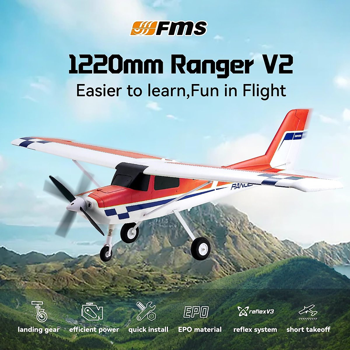Fms Rc Planes for Adults Beginners 1220mm Ranger Remote Control Airplane with Reflex Red Hobby Rc Airplanes PNP (No Transmitter Battery,Charger)