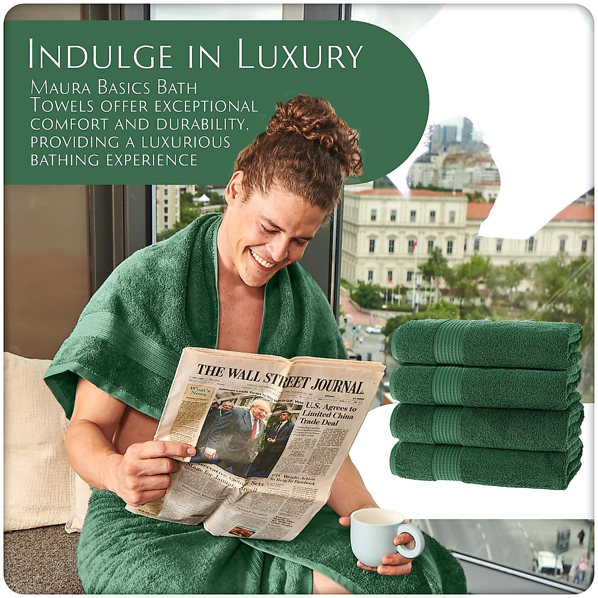 MAURA Basics Performance Bath Towels 100% Turkish Cotton with Hook Loops. Extra Large Luxury Absorbent Plush Towel Sets for Bathroom, Daily Use American Standard Size 27”x54”, Hunter Green