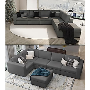 Sectional Couches for Living Room: Modular L Shaped Couch with Ottoman - Grey U Shape Sofa Furniture Set 6 Piece Modern Upholstered Oversized Daybed Sleeper Sofas