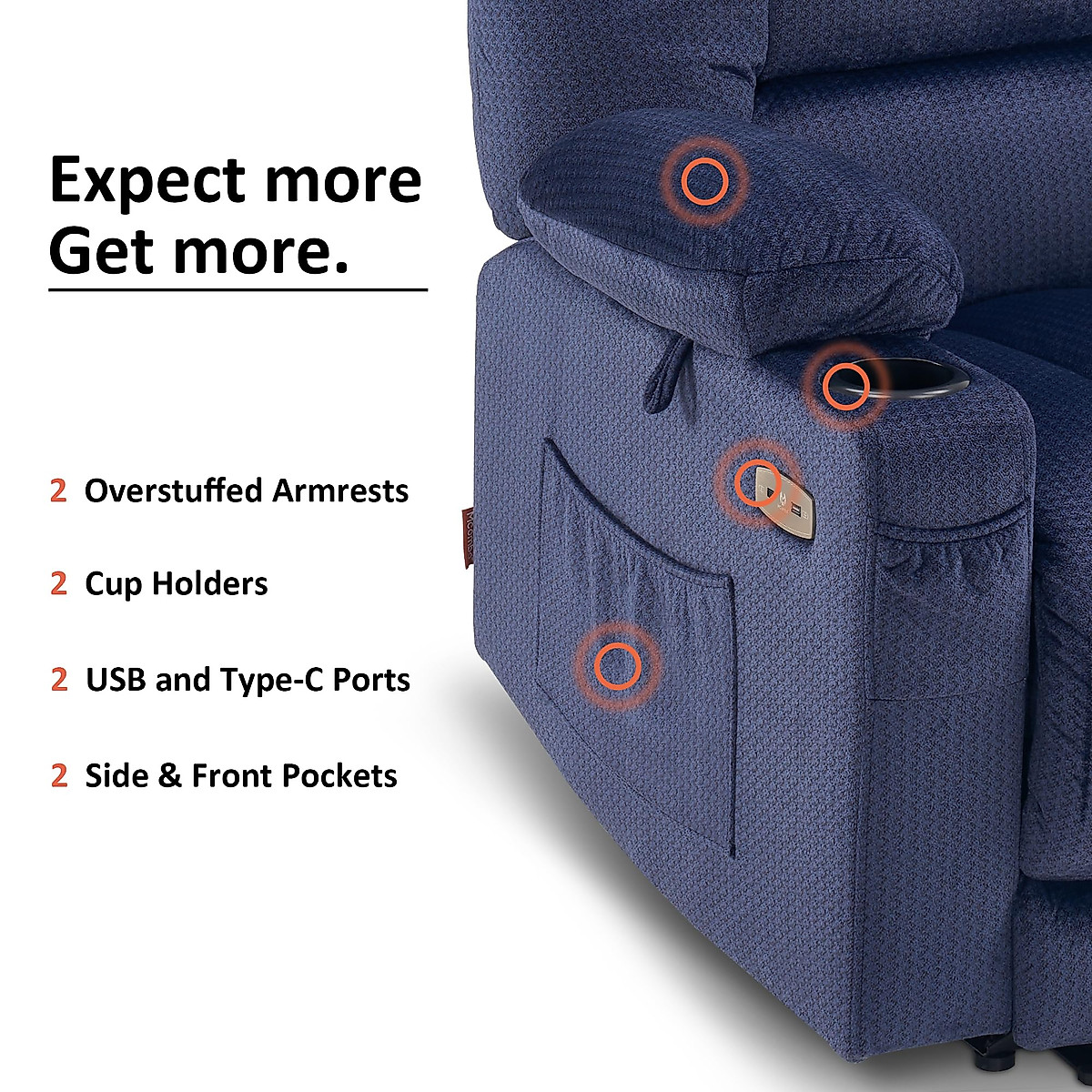 MCombo Electric Power Recliner Chair with Heat and Massage, USB Ports, Cup Holders, Powered Reclining for Living Room 6079 (Navy Blue Medium 22.2" Seat Width)