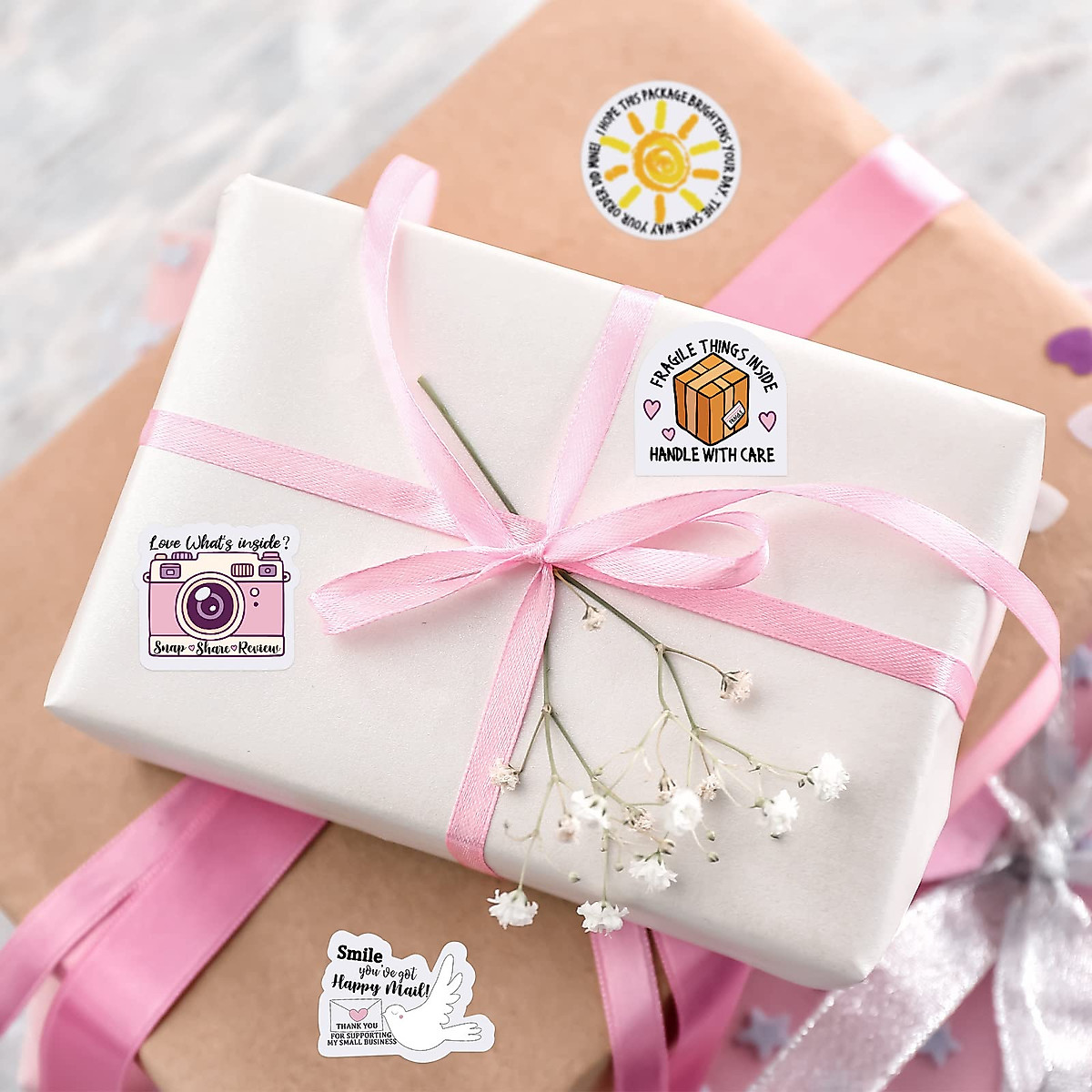 500 Pieces Thank Business Stickers Shop Stickers Small Package Labels Cute Envelope Seals Handle with Care Stickers, 4 Styles, 1.77 Inches(Cute Style)