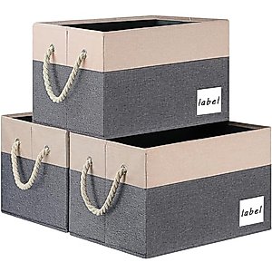 ASXSONN Extra Large Storage Bins, Foldable Storage Baskets for Shelves, Closet Storage Bins with Label & Cotton Rope Handles (3 Pack, 15.75"x11.8"x10.2", Grey&Beige)