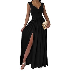 Dokotoo Womens Ladies Elegant Floor Length A Line Wrap Deep V Neck Backless Ruched Pleated Ruffled Split Long Maxi Formal Evening Party Prom Dress Bridesmaid Wedding Guest Dresses Black M