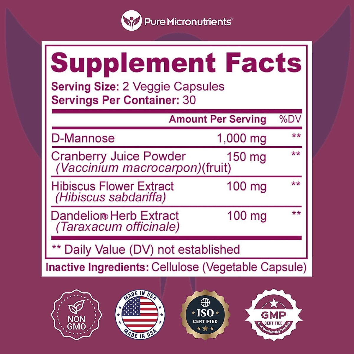 Pure D Mannose Capsules 1000mg - Fast Acting UTI Support - Urinary Tract Cleanse & Bladder Health - Cranberry, D-Mannose, Dandelion, Hibiscus Flower - 60 Veggie Caps