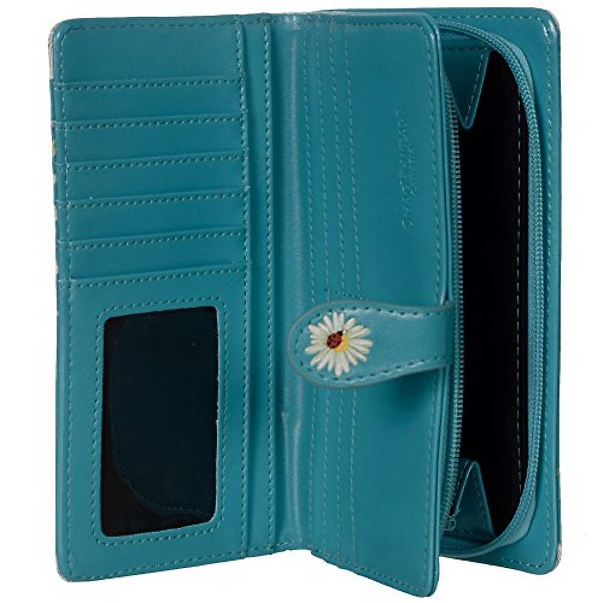 Shag Wear Women's PU Vegan Leather Card Holder Slim Trendy Snap Closure Large Bifold Clutch Wallet with 11 Credit Card Slots, 1 Clear ID Pocket, and 1 Zipper Pocket (Daisies and Ladybugs, Teal)