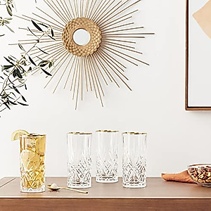 Lorren Home Trends Siena Collection Crystal Water Beverage or Ice Tea Glass with Gold Band Design, Set of 4,12 ounces