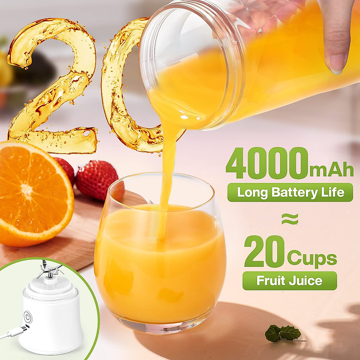 20 Oz Portable Blender for Shakes and Smoothies,4000mAh Electric Juicer, 270W Motor Smoothie Blender with BPA-Free & IP67 Waterproof, USB Fresh Juice Blender with 2 Mixing Modes for Travel, Gym, Rose