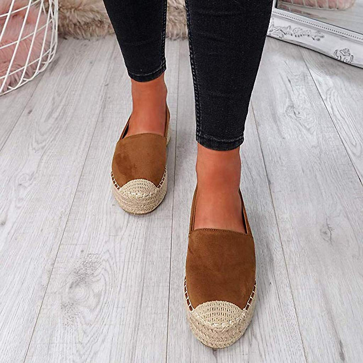 NEARTIME?Women's Platform Shoes, Fashion Grass Weaving Outdoor Slip On Round Toe Casual Flats Boat Shoes Brown