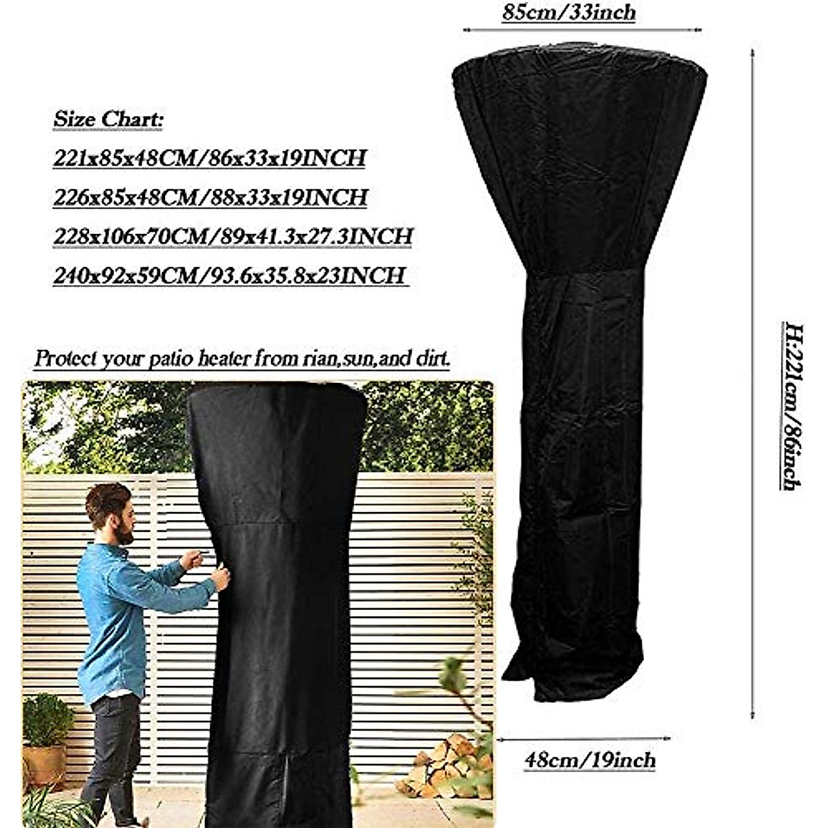 UCARE Patio Heater Cover Waterproof Round Stand Up Outdoor Electric Heater Protector Covers for Garden Veranda Round Furniture Cover Dome Heaters (86x33x19 in/ 221x85x48 cm)