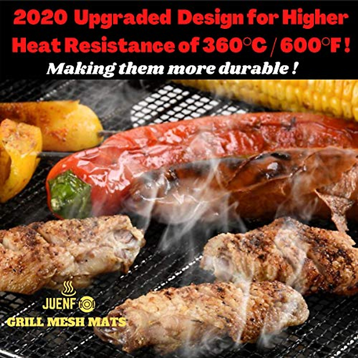 JUENFO Grill Mesh Mats for Outdoor Grill- 2020 Upgraded Reusable NonStick BBQ Grill Mesh Mat with Extreme Heat Resistance of 360°C/600°F for Long Use- Easy Clean 3 Pack Mesh Grill Mat for All Grills