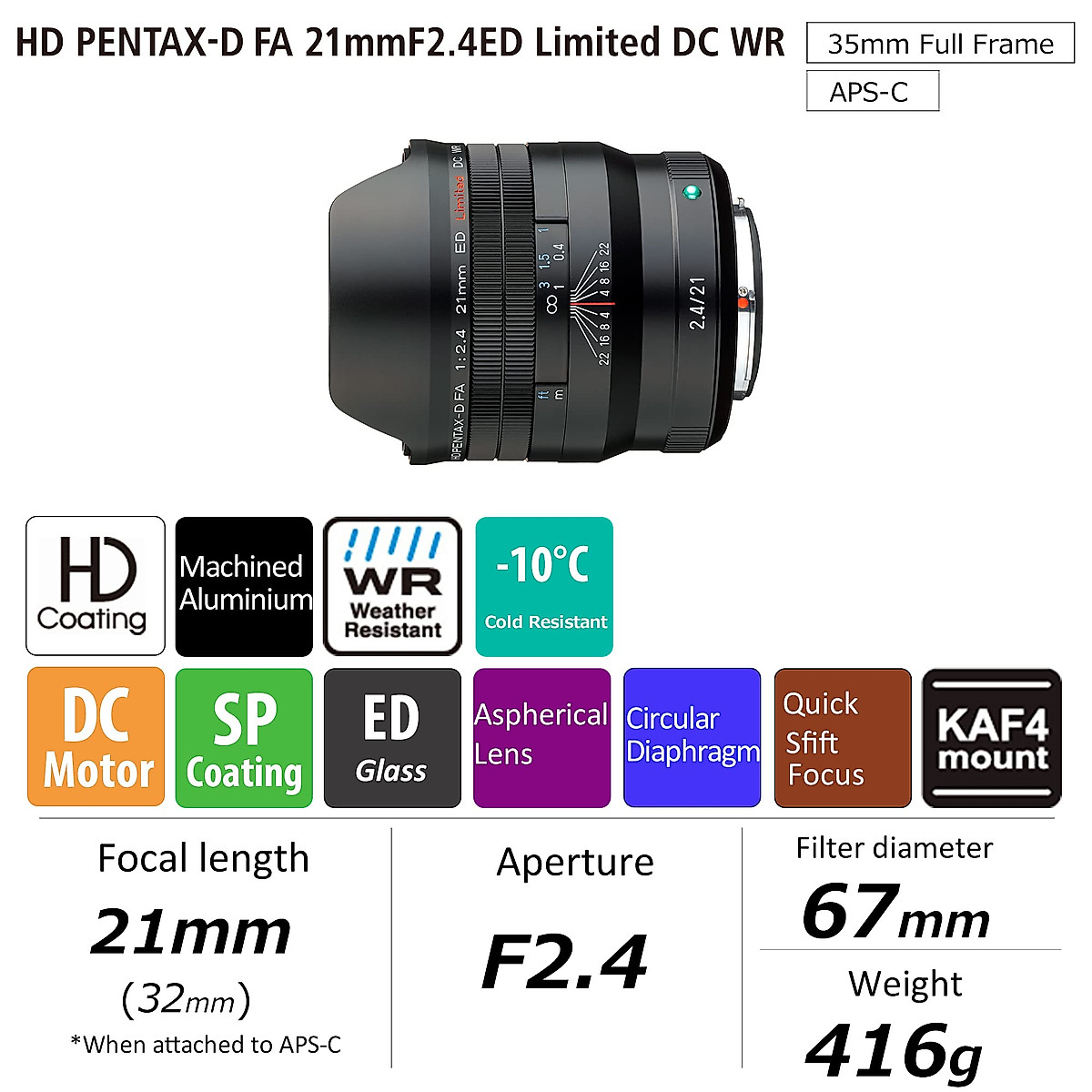 Pentax FA 21mmF2.4ED Limited DC WR Black Ultra-Wide-Angle Single Focus Lens [for use with Full Frame DSLR ] Limited Lens, machined Aluminum Lens Barrel, (28040)