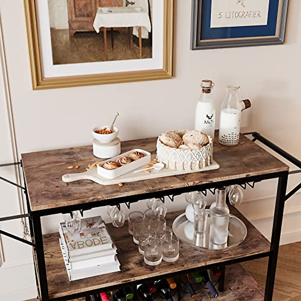 3-Tier Wine Table, Serving Bar Carts for The Home with Glass Holder, Mini Home Bar, Industrial Liquor Carts on Wheels, Rustic Wood and Metal Coffee Station and Drink Trolley for Dining Room, Kitchen