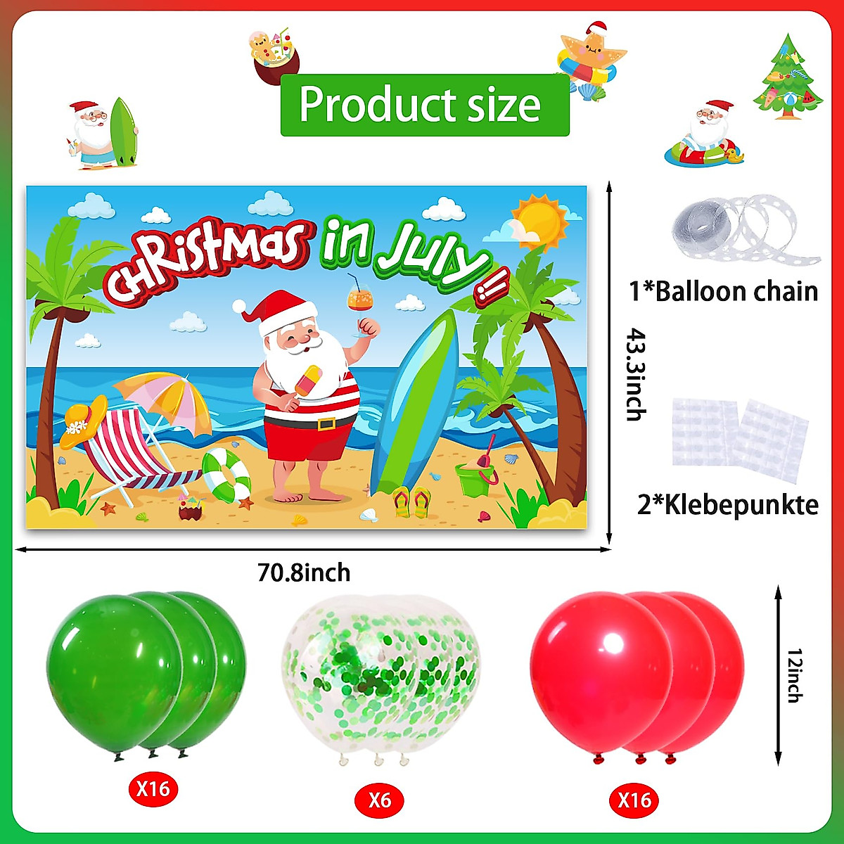 Christmas in July Party Decorations Large Photo Backdrop 38pcs latex balloons Mele Kalikimaka Christmas Summer Santa Banner for Outdoors Garden Party Supplies