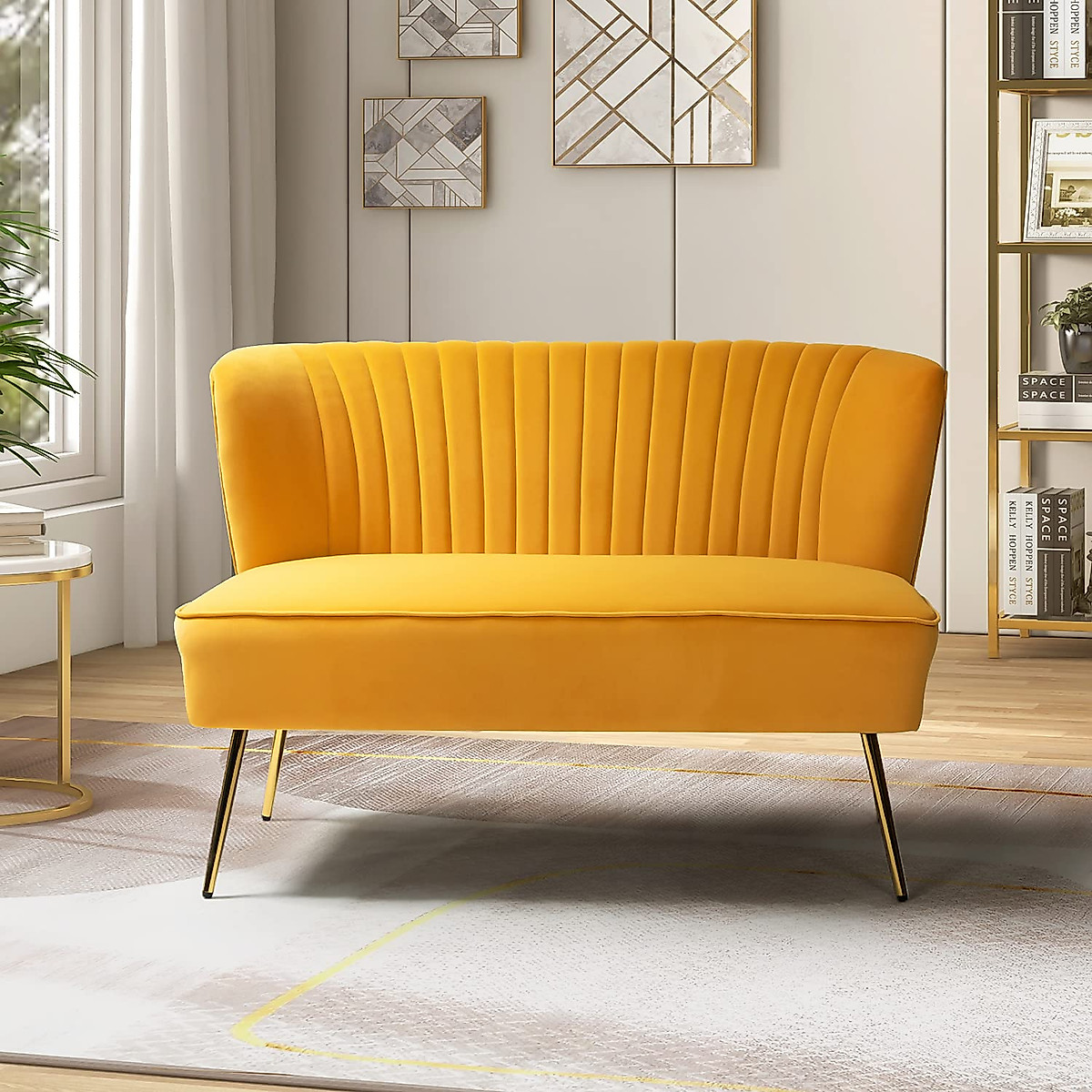 TINA'S HOME Contemporary Velvet Loveseat Sofa, Upholstered Loveseat Couch with Golden Metal Legs, Small Tufted 2-Seat Sofa Armless Love Seat for Living Room, Bedroom, Apartment Small Spaces, MUSTARD