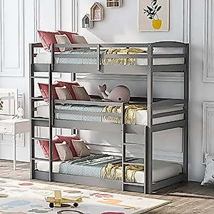 GLORHOME Twin Over Twin Triple Bed, Space Saving Wood Floor Bunk Bedframe with Safety Guardrail & Ladder for 3 Kids Teens, No Box Spring Needed, White