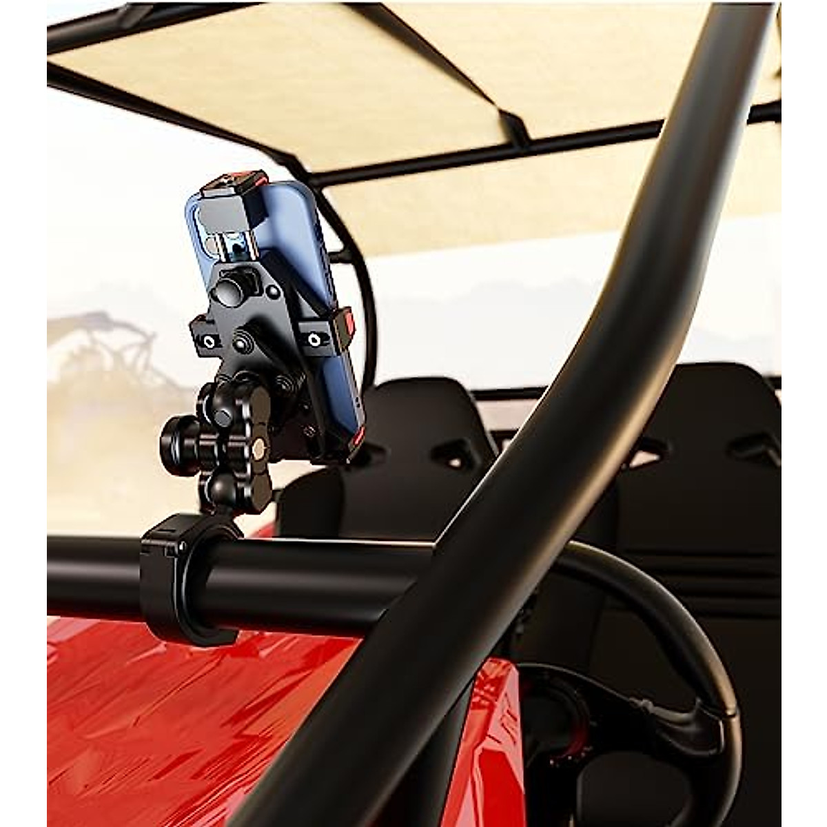 BRCOVAN Aluminum Alloy UTV Phone Holder with Vibration Dampener & High-Speed Secure Lock, Metal Anti-Shake UTV Roll Bar Cellphone Mount Fit Roll Cage 1.5/1.65/1.75/1.85/2 inch, for 4.7''-7.2'' Phones
