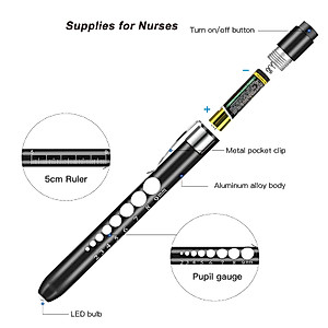 Opoway Nurse Penlight with Pupil Gauge LED Medical Pen Lights for Nursing Doctors Batteries Free, Black 2ct.