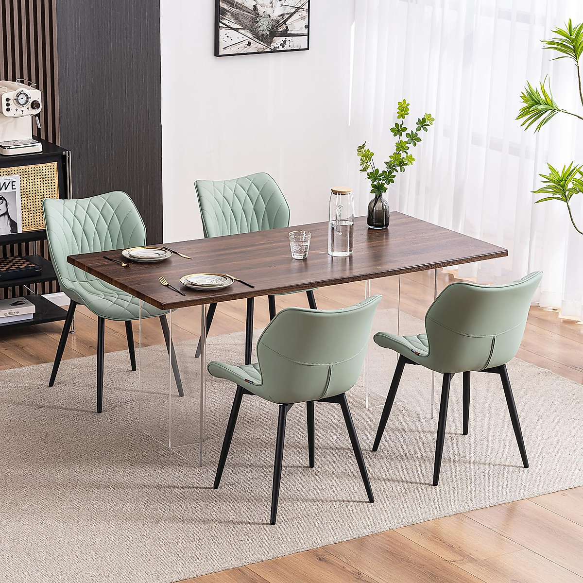 YOUNIKE Dining Chairs Set of 2, Upholstered Faux Leather Dining Room Chairs, Modern Living Room Bedroom Side Chairs with Wing Back and Metal Legs, Kitchen Chairs Mint Green