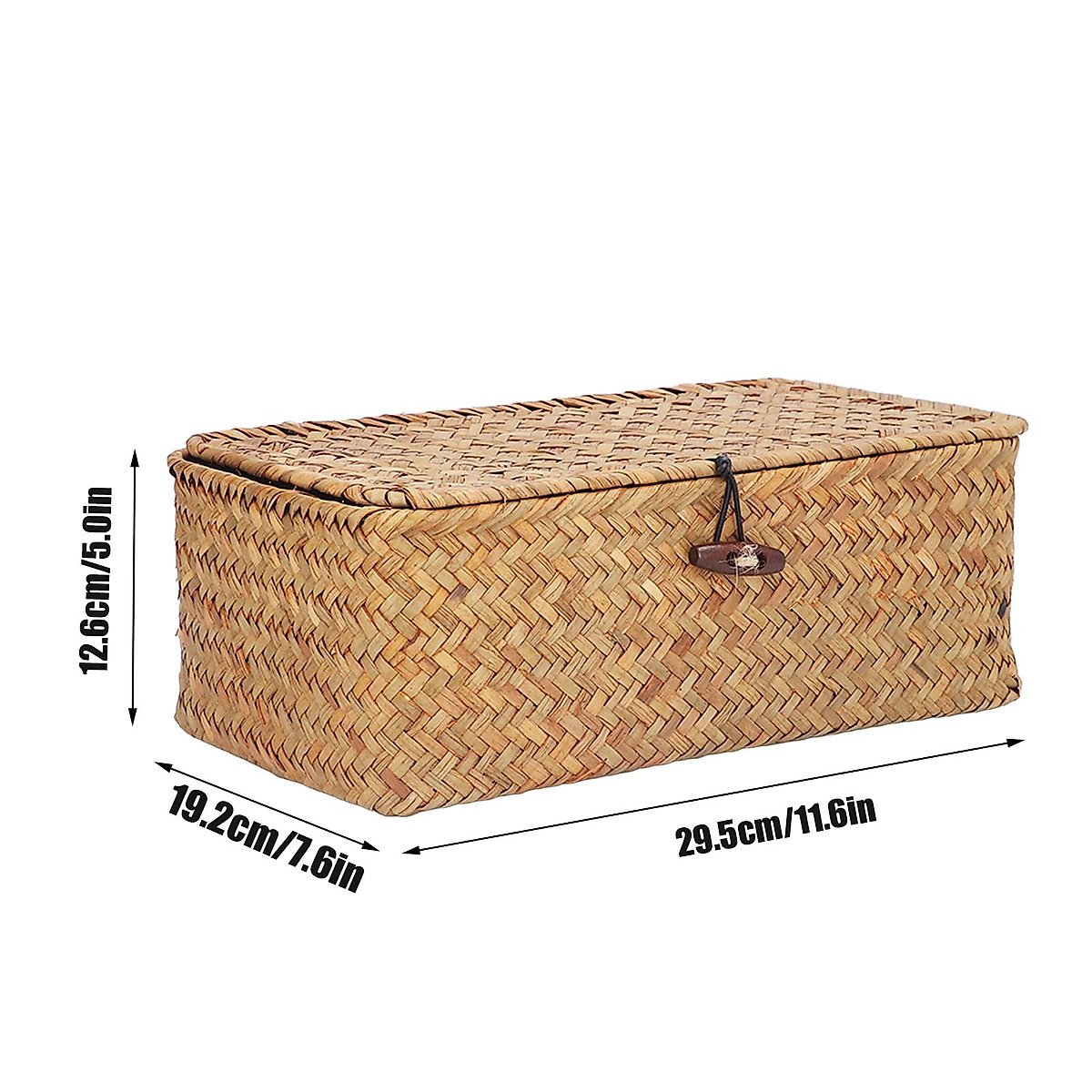 Jiawu Seagrass Baskets, Handwoven Seagrass Storage Bins with Lid, Multipurpose Rectangular Shelf Baskets, Household Boxes with Buckle, Small Rustic Container for Shelves Organizing (L)
