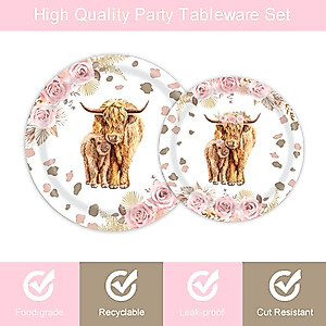 96 Pcs Boho Highland Cow Party Supplies for Girl Holy Cow Highland Baby Shower Plates and Napkins Party Supplies Bohemian Pink Floral Pampa Grass Highland Birthday Party Decorations Serves 24