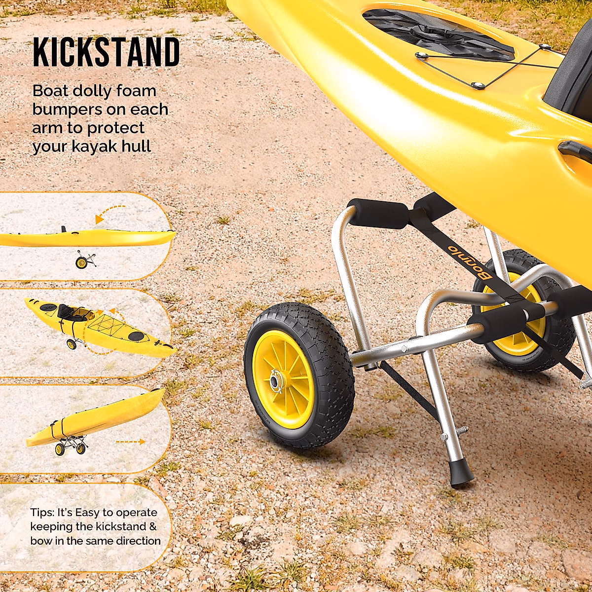 Bonnlo Boat Kayak Canoe Cart Carrier Dolly Trailer Tote Trolley Transport Kayak Accessories Large with 20x2mm Aluminum Pipe Double Kickstands, Inflation Free Solid Tire Wheels, 2 Ratchet Straps