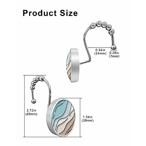 Turquoise Brown Cream Shower Curtain Hooks, Beach Geometric Gradient Striped Teal Decorative Shower Curtain Hooks for Bathroom Abstract Modern Stainless Steel Rustproof Shower Curtain Rings Set of 12