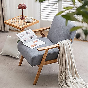 VINGLI Grey Accent Chairs Set of 2, Retro Mid Century Lounge Chairs for Living Room, Sturdy Upholstered Solid Wood Boho Farmhouse Armchairs for Bedroom/Reception