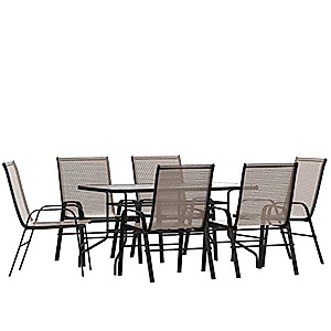 Flash Furniture 6 Flex Comfort Stack Chairs, 55" Tempered Glass Patio Table with Umbrella Hole, Brown